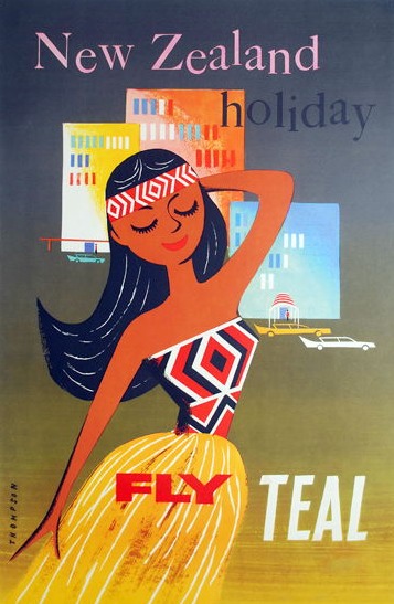 Mid century modern NZ vintage travel poster - New Zealand Holiday Fly TEAL