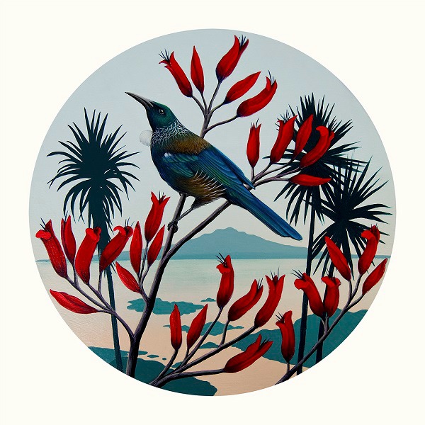 Circular art print depicting native tui, flax and cabbage tree by Anna ...