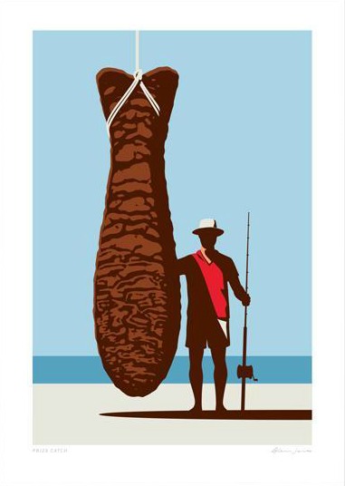 “Prize Catch” - Fisherman with Chocolate Fish Print by Kiwiana artist ...