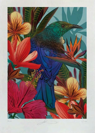 Flox Prints for Sale | Signed Limited Edition “Perched Tui & Hibiscus”