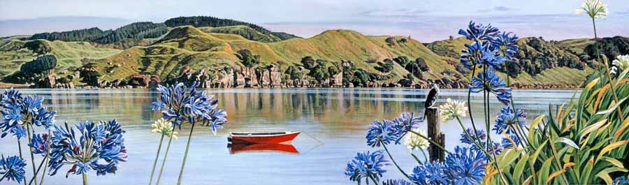 Tokatoka Point and Agapanthus by Jane Galloway: New Zealand Fine Prints