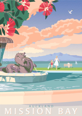 Buy a retro style poster of Mission Bay, Auckland