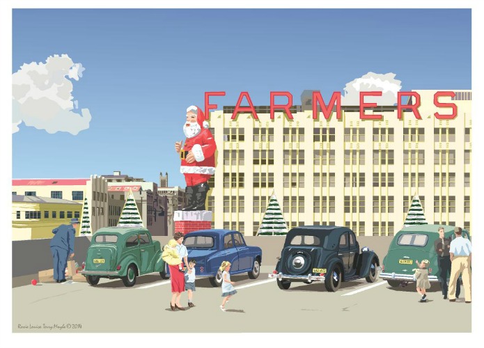 Print of Auckland’s Farmers Store with Santa Claus
