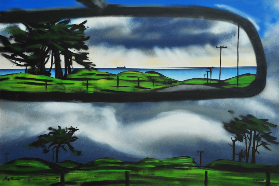 Print for sale of NZ Artist Peter Lambert’s painting “Rear View Mirror”