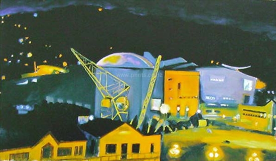 Night-time painting of Wellington, NZ - Print by Roger Morris for sale